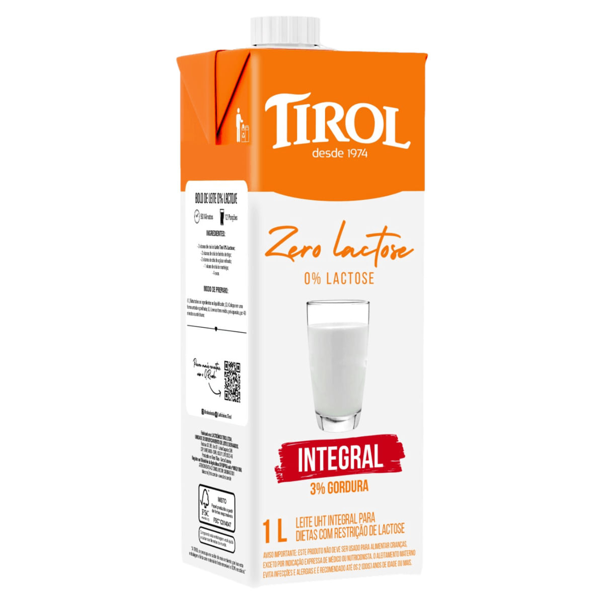 LEITE UHT INTEGRAL ZERO LACTOSE 1L TIROL
